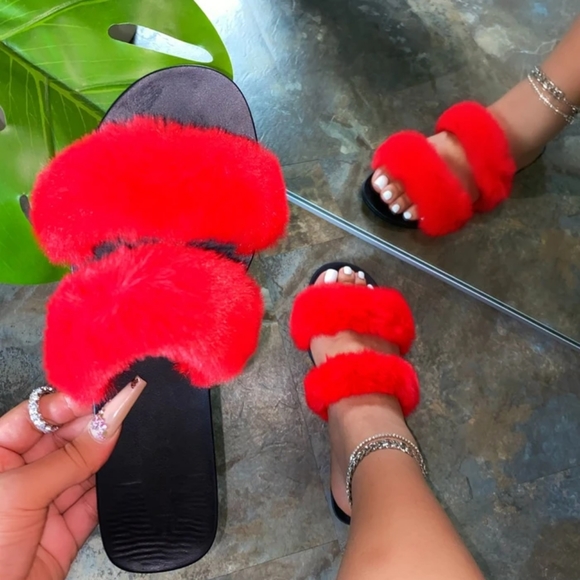 Liliana | Shoes | Red Fur Dual Strap Mule Slide Flat Sandal | Poshmark